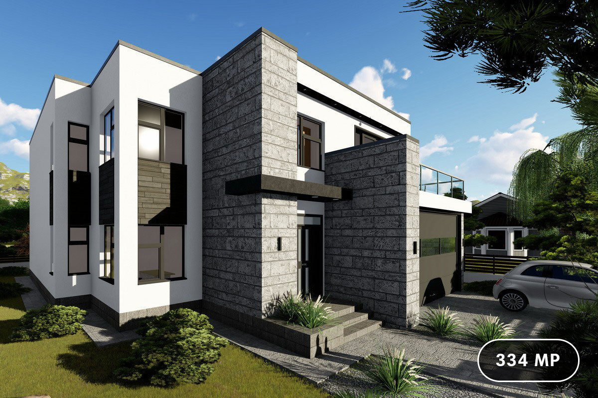 Proiect casa pe structura metalica modern cu garaj dublu 062 – Wolf ...