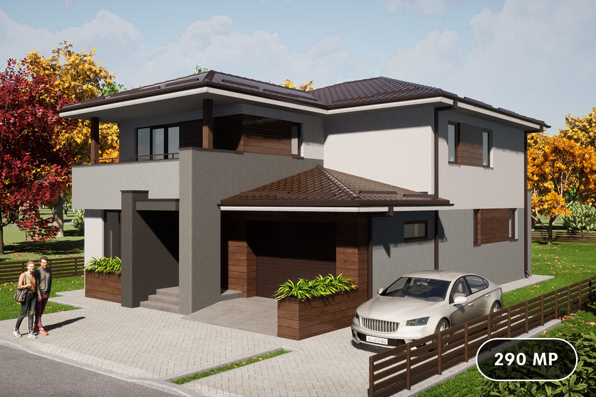 Proiect de casa cu etaj si garaj pe structura metalica 290mp – Wolf ...