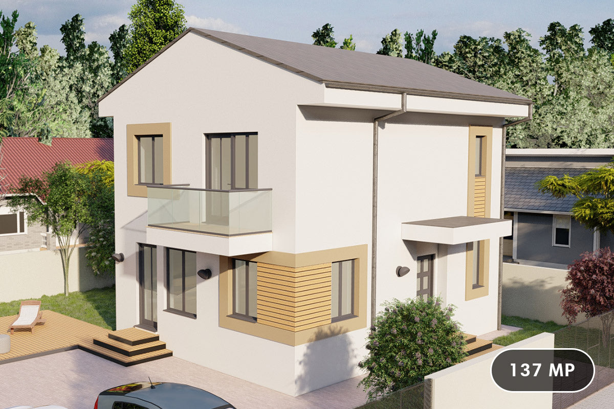 Proiect de casa structura metalica cu etaj si balcon 137-107 – Wolf ...